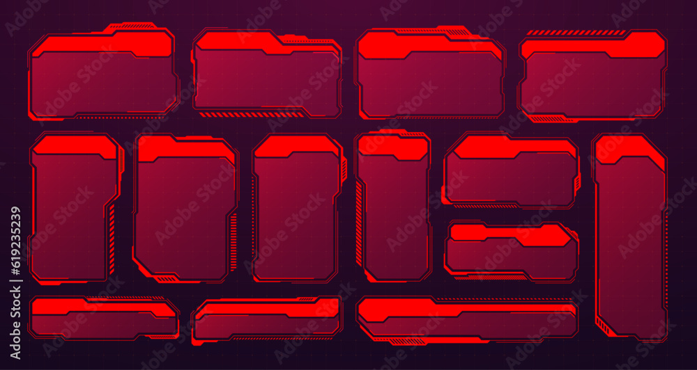 Red futuristic HUD or UI elements. Sci-fi user interface text boxes ...