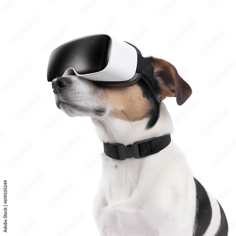 White dog wearing Virtual Reality helmet, VR headset, vr goggles on ...