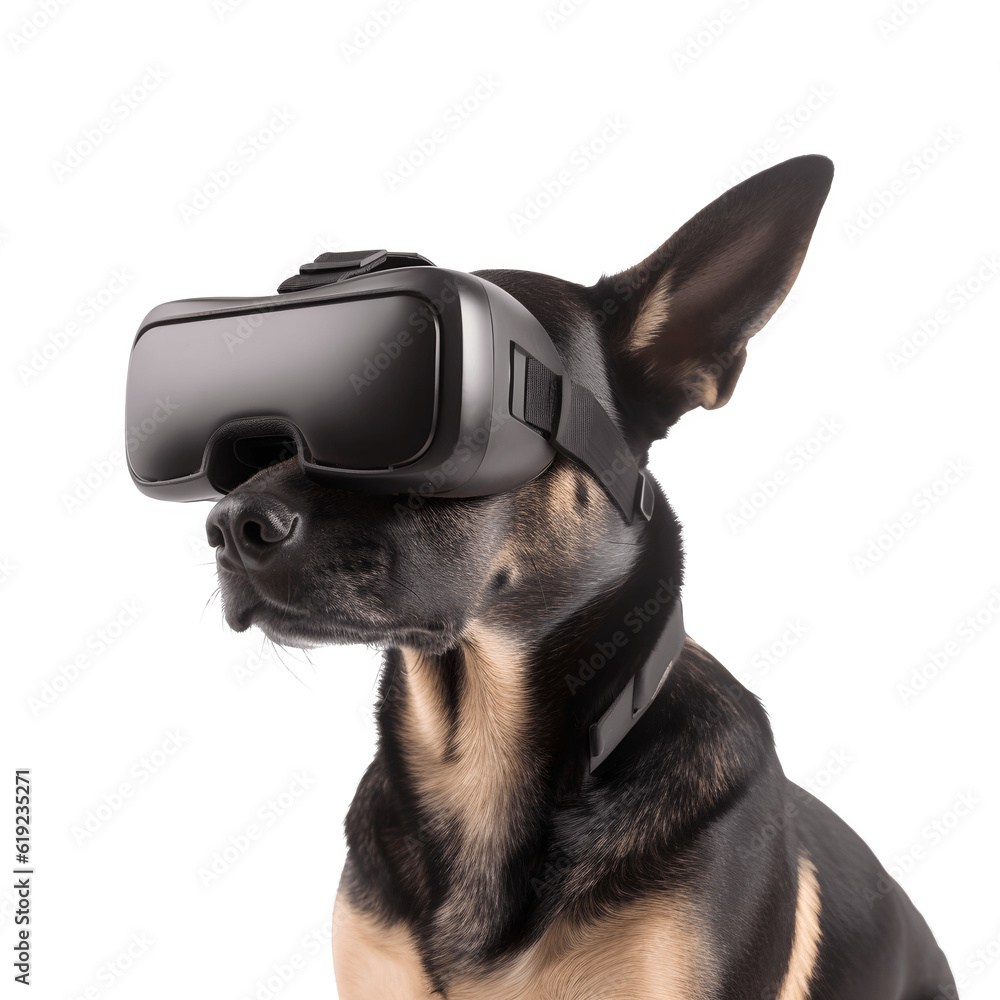 Dog with Virtual Reality helmet, VR headset, vr goggles on transparent ...