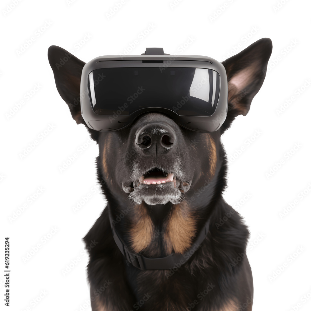Dog wearing Virtual Reality helmet, VR headset, vr goggles on ...