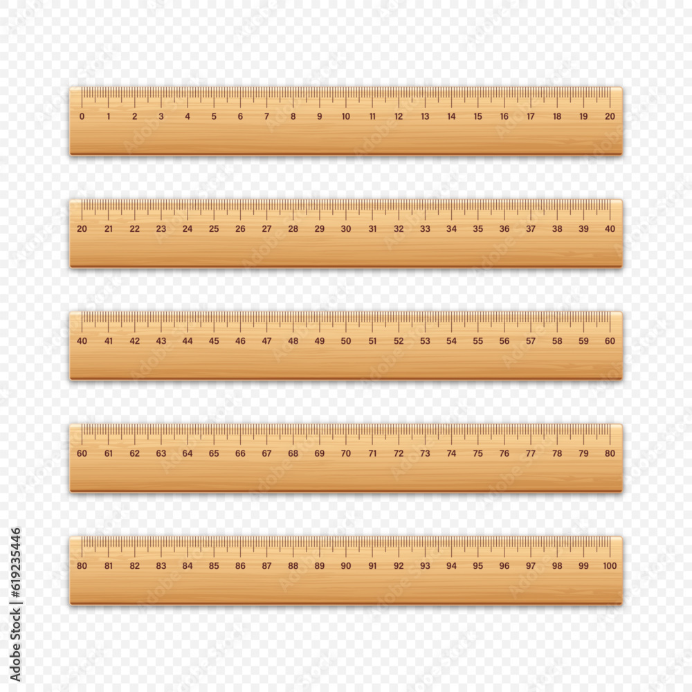 Realistic various wooden rulers with measurement scale and divisions ...