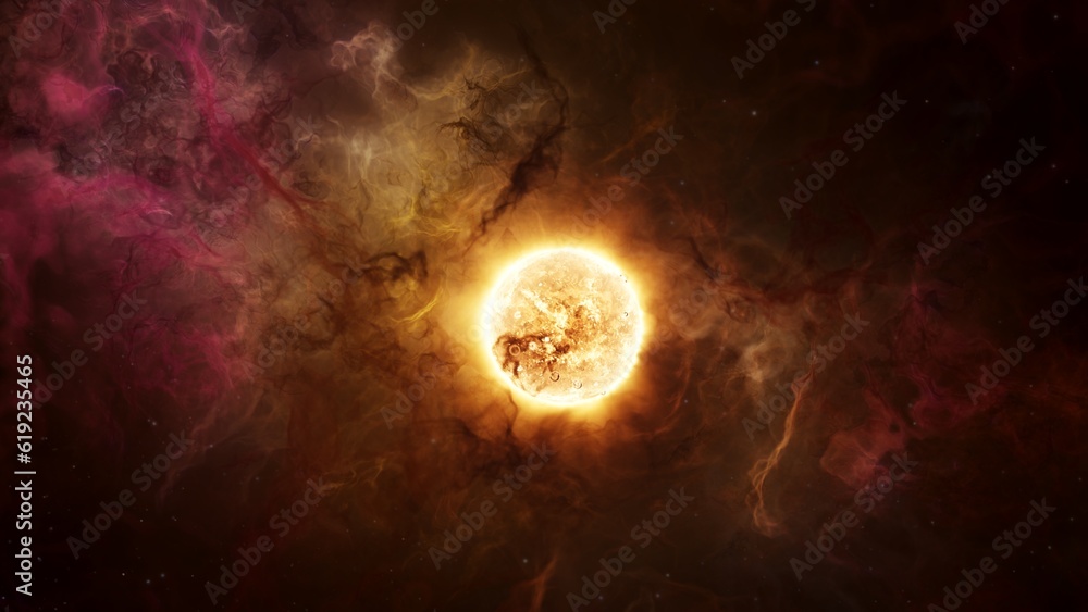 Hot erupting Sun wrapped in hydrogen plasma nebula clouds. Young star ...