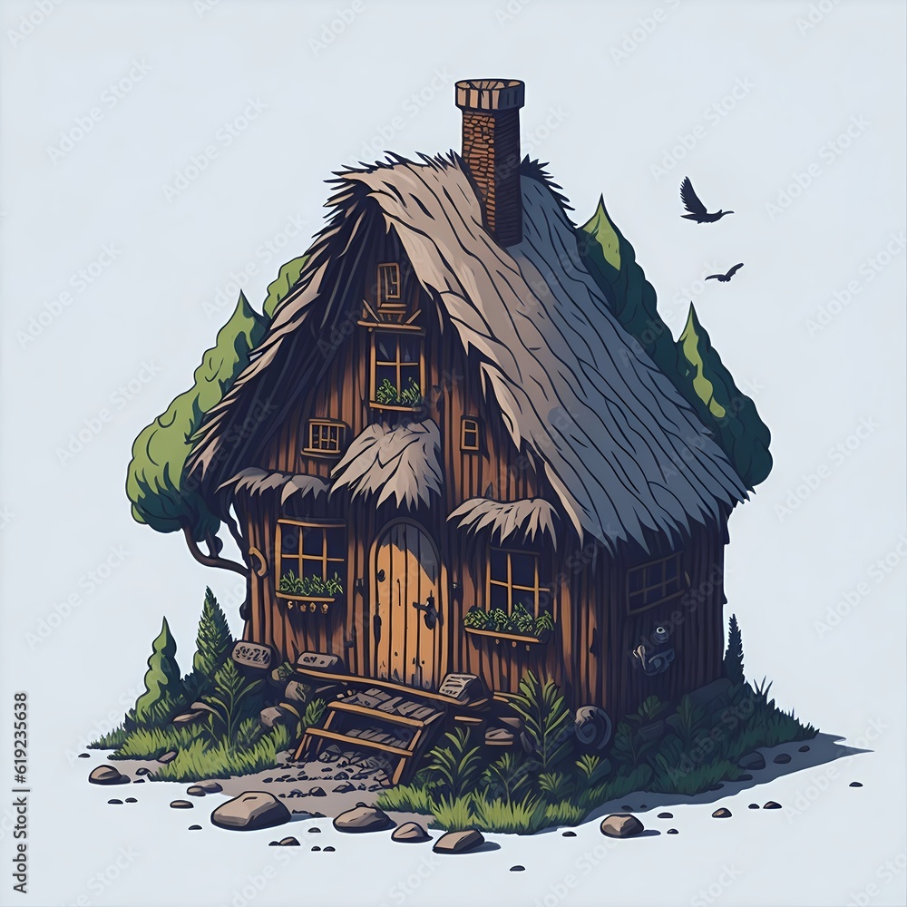 An isometric illustration of mysterious old hut. Realistic anime style ...