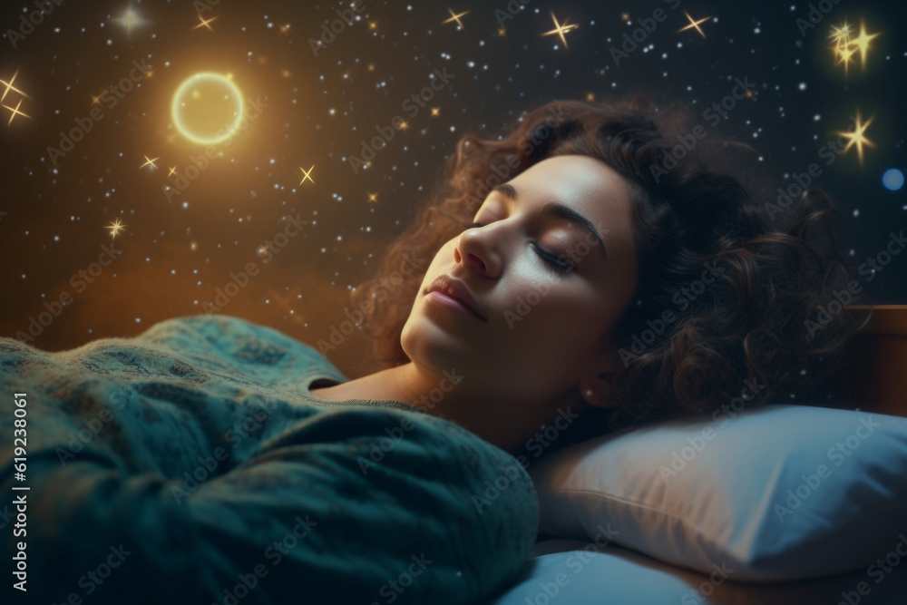 young woman sleeping with one eye open and a starry sky in the ...