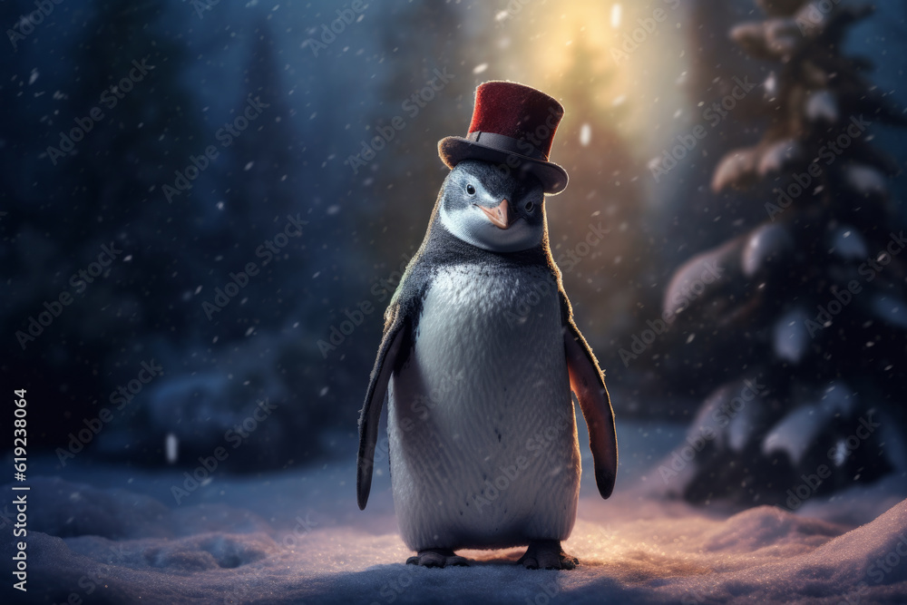 penguin dressed up in a top hat standing in the snow, standing on its ...