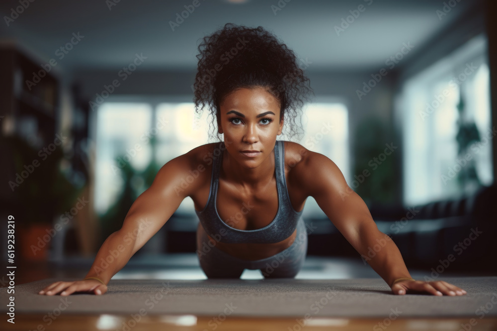 muscular girl holding a plank position. The front angle of the ...