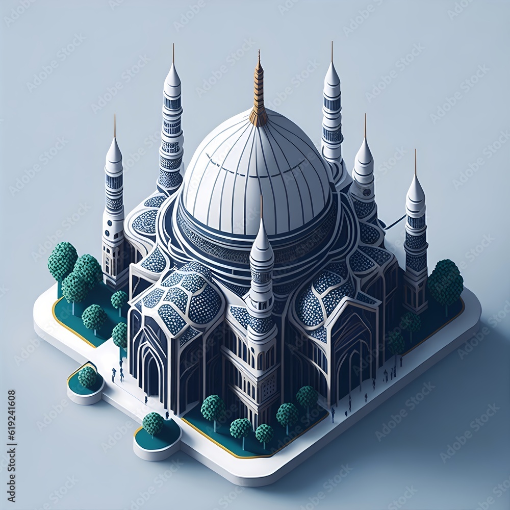 An isometric illustration of detailed grand mosque. Realistic anime ...
