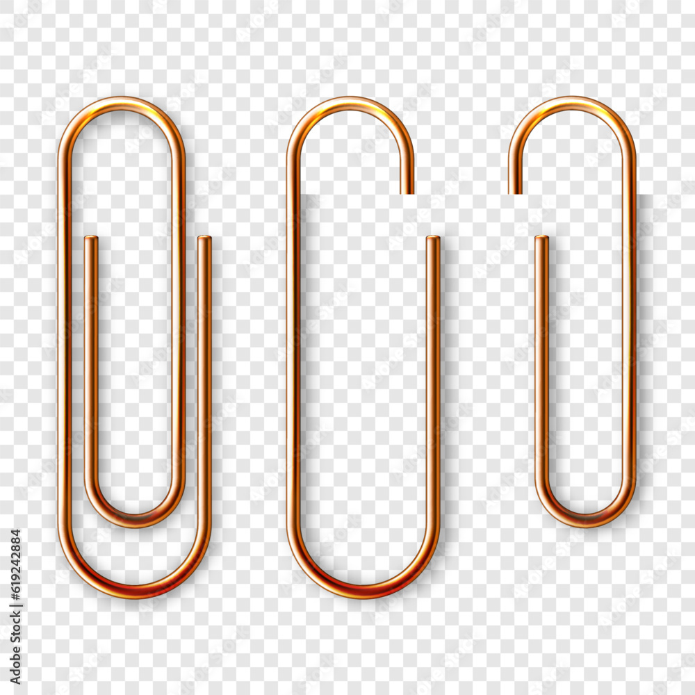 Realistic copper paperclip attached to paper isolated on white ...