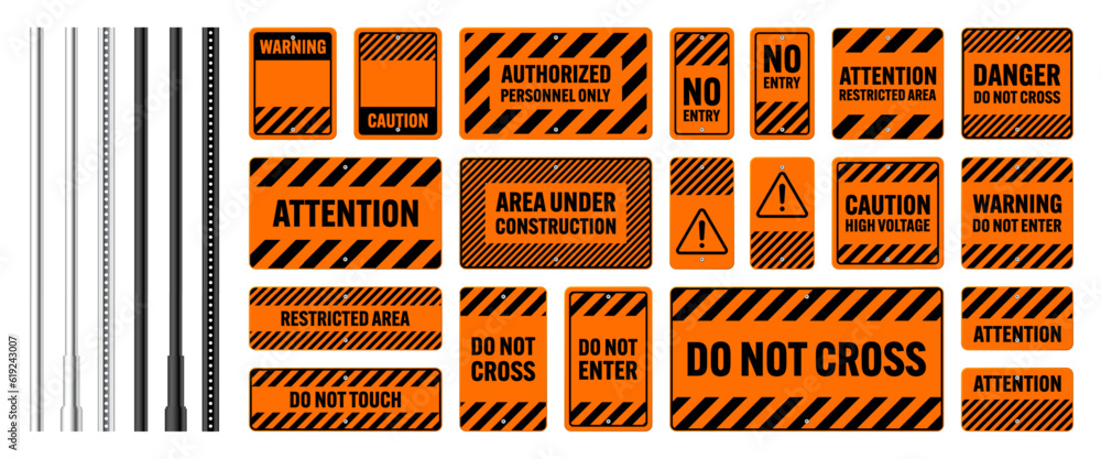 Warning, danger signs, attention banners with metal poles. Orange ...