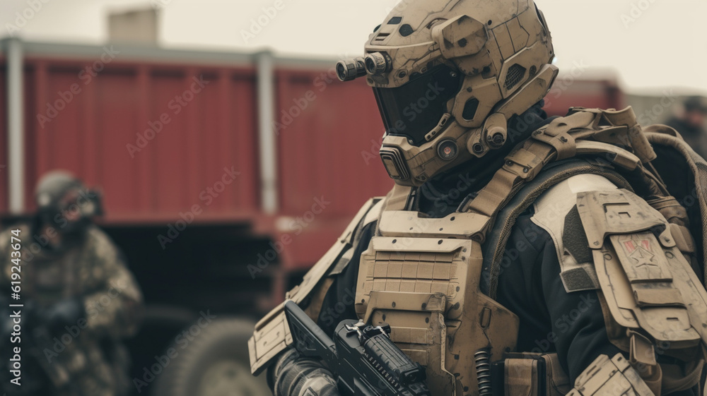 modern soldier combat suit, combat gear, machine gun ,armed man is ...
