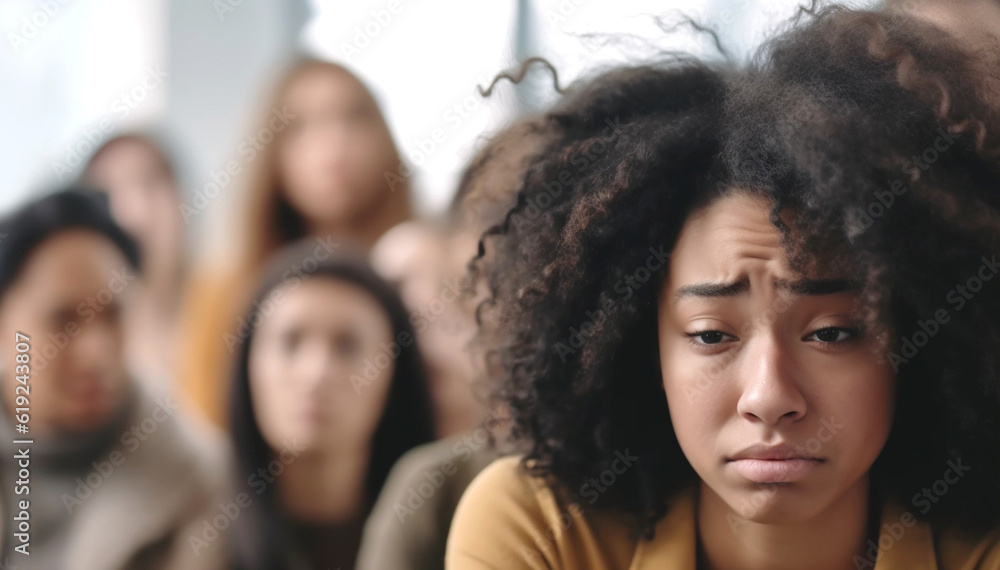 dissatisfied and unhappy, young adult dark skinned woman, bullying and ...