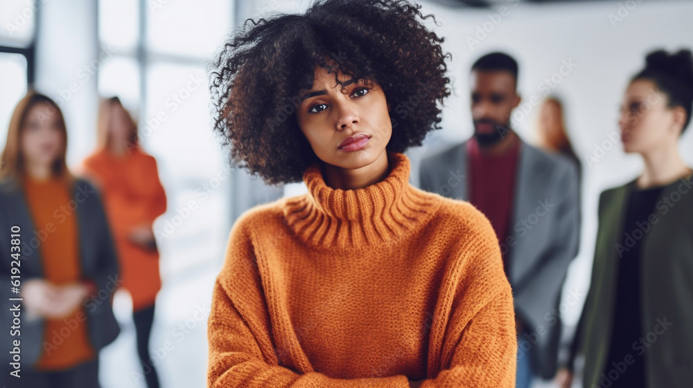 dissatisfied and unhappy, young adult dark skinned woman, bullying and ...