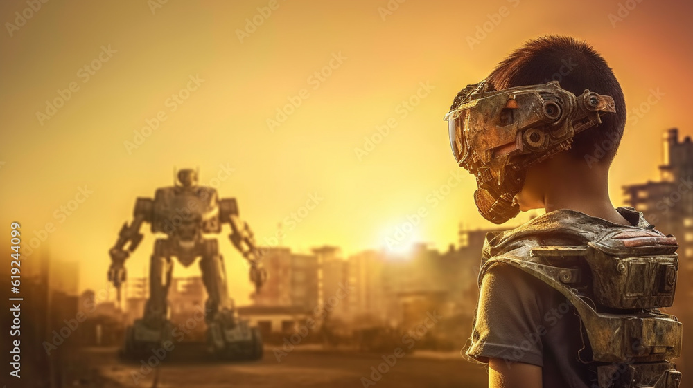 war against machines, teenager boy, in the background a destroyed ... war against machines, teenager boy, in the background a destroyed ...