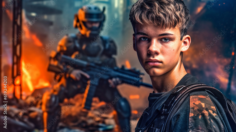 teen boy is a soldier, in the background a young man as soldier in ...