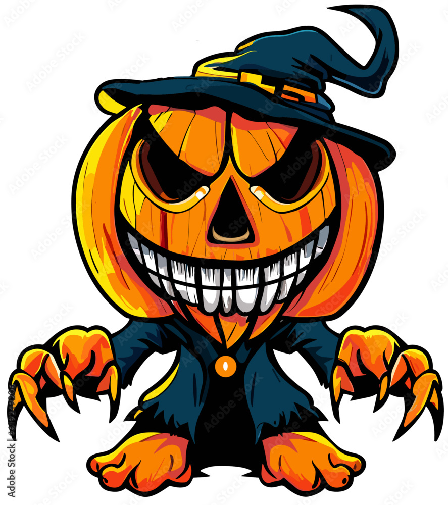 Halloween Hairy Monster Pumpkin with Witch Hat Vector Digital Download ...