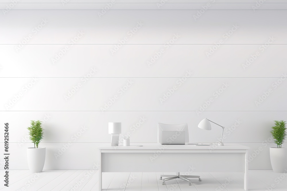 Clean and organized white office interior with a mock-up wall design ...