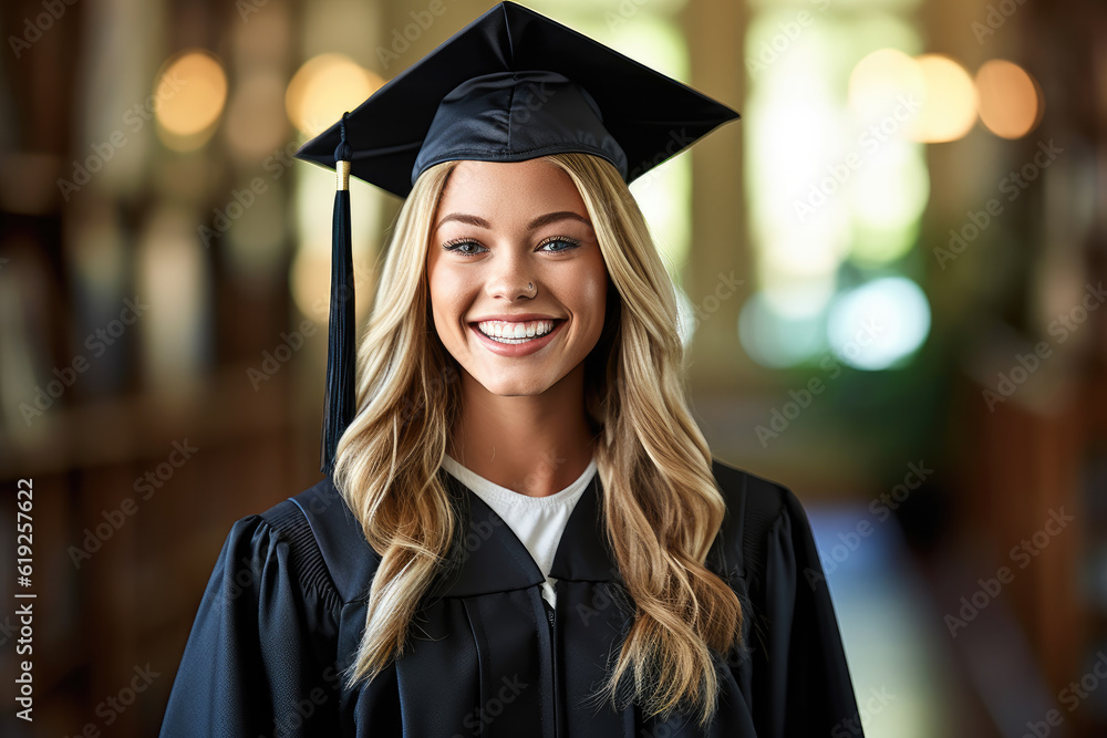 Happy beautiful blonde graduate student wearing cap and gown Stock ...