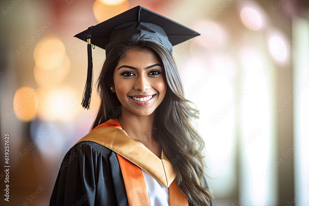 Happy beautiful Indian graduate student wearing cap and gown Stock ...