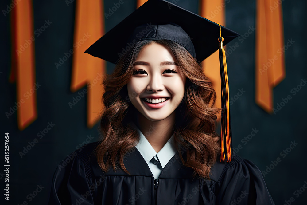 Happy beautiful Korean graduate student wearing cap and gown, education ...