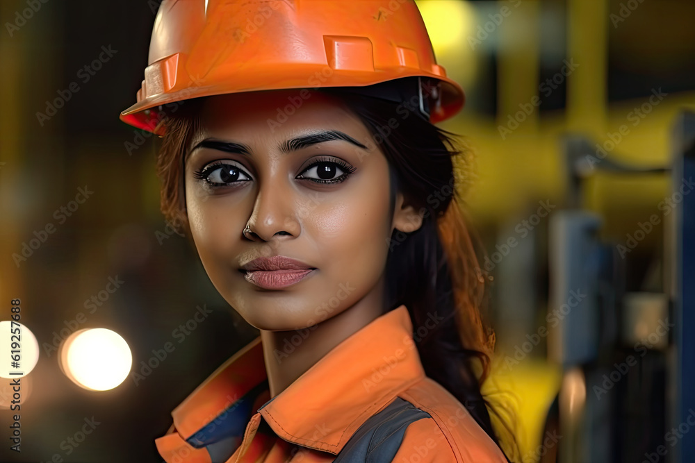 Indian Female labour Industrial Engineer in helmet Hard Hat and safety ...