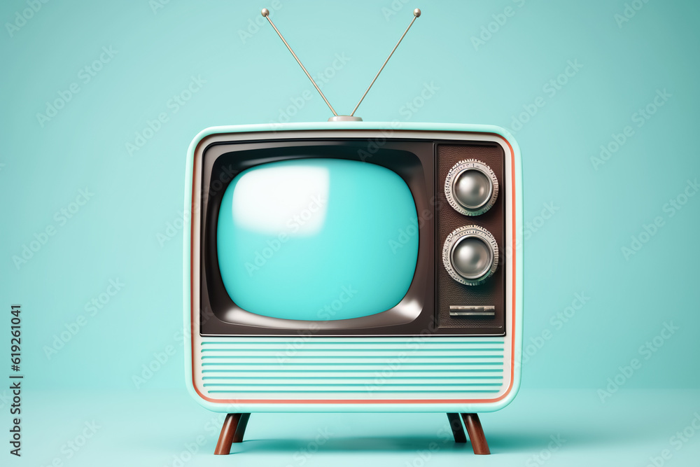 Vintage TV with large domed screen on a bright blue background ...