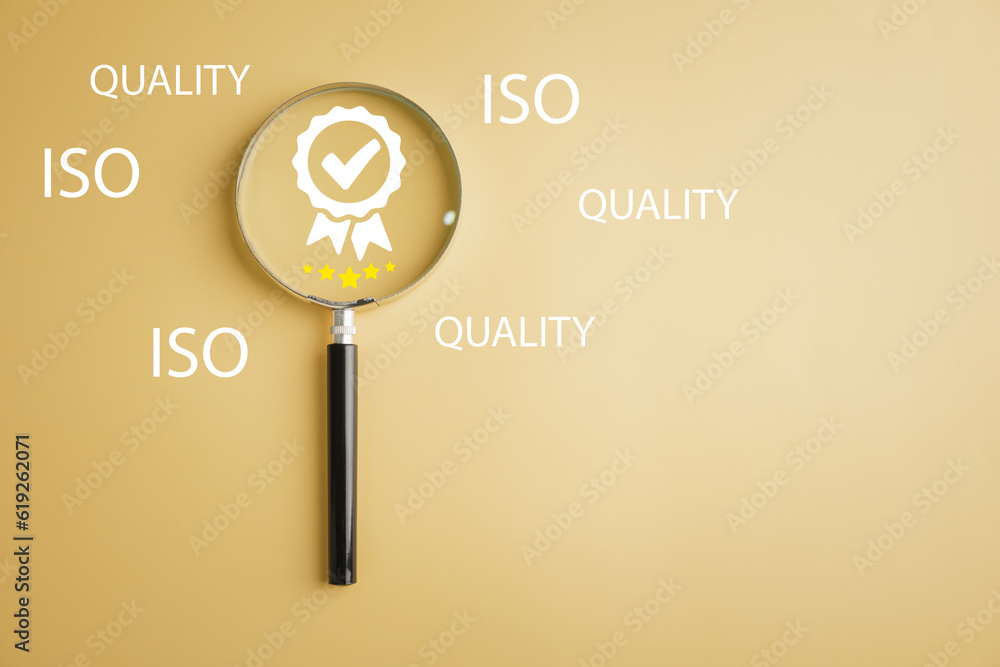 Magnifying glass with five-star and quality warranty icon represents ...