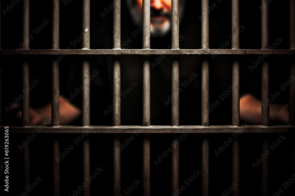 Prison bars of the detention cell and a prisoner on a blurred ...