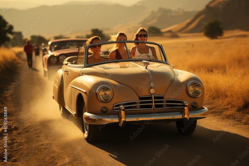 Nostalgic Road Adventures: Young Women Friends Raising Hands in a ...