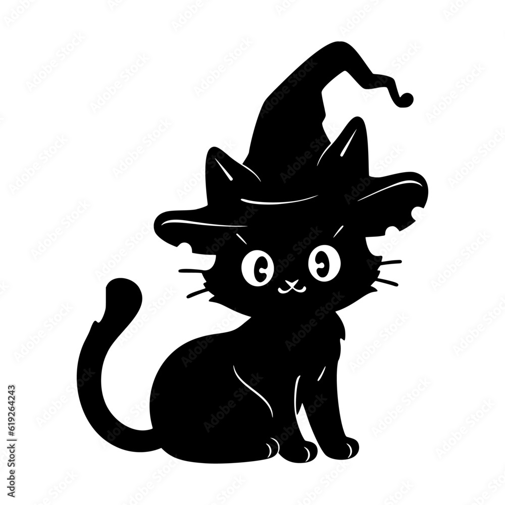 Cute kawaii black cat in witch hat. Black magic kitty silhouette. Anime ...