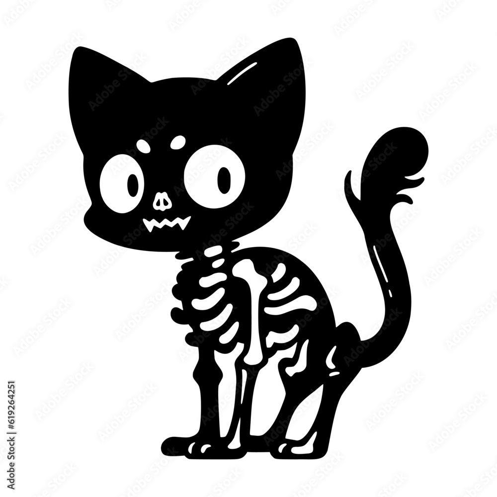 Cute kawaii black cat skeleton. Black magic kitty silhouette. Anime ...