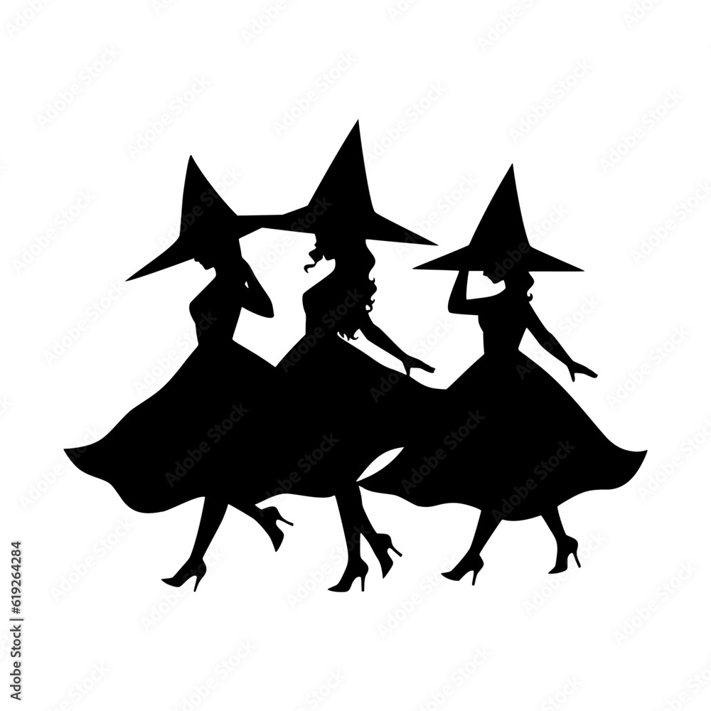 Three witches dancing at a Halloween party. Women in witch costume. Black silhouette. Hand drawn ...