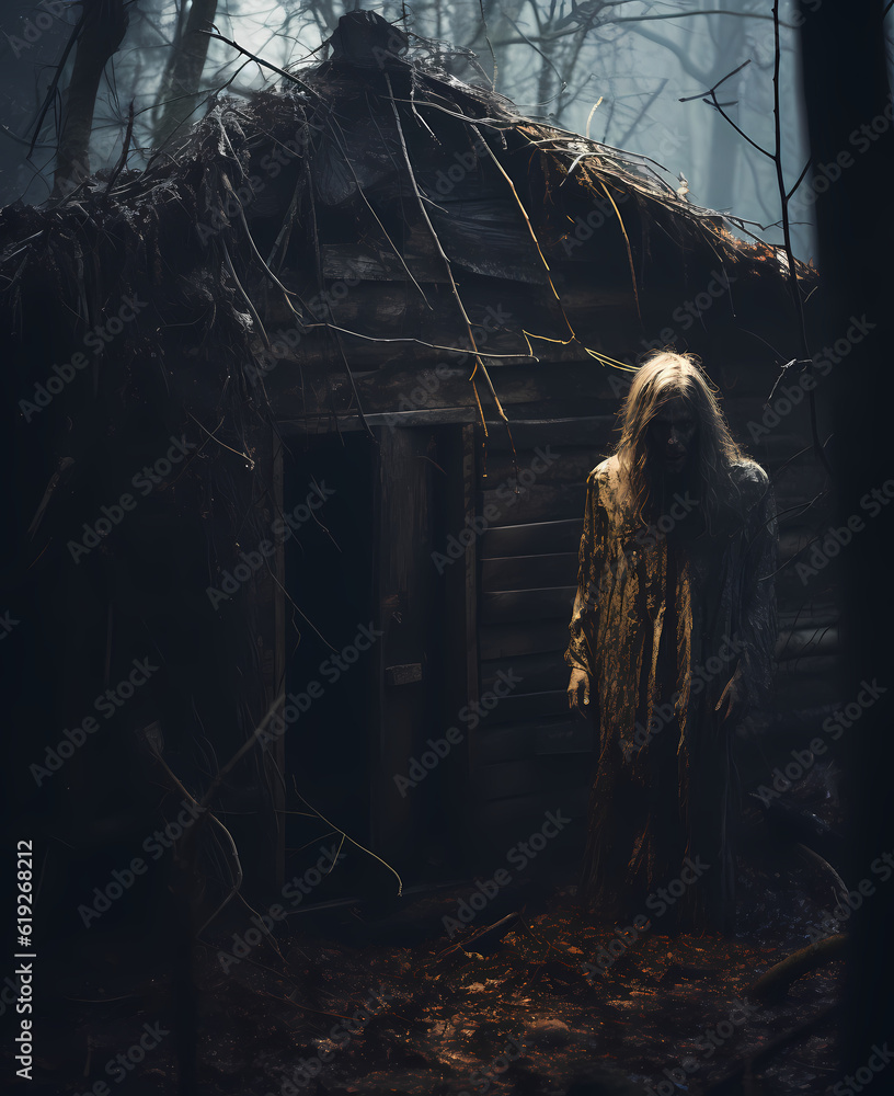 Creepy stalking monster by a cabin in the woods nightmare scene Stock ...
