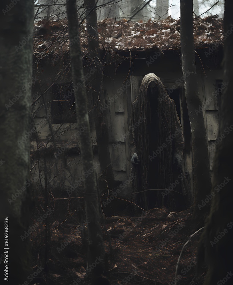 Creepy stalking monster by a cabin in the woods nightmare scene Stock ...