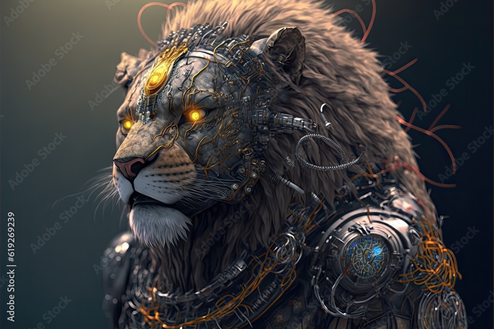 Lion cyborg portrait. Cyberpunk themed modified anthropomorphic animal ...
