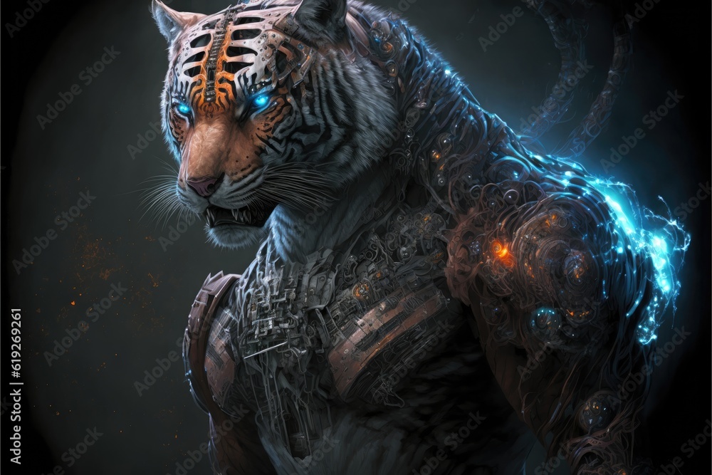 Anthropomorphic cyborg tiger with modified body and shoulder. 3d ...