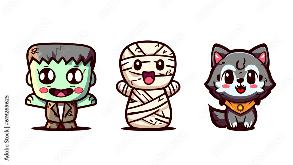 Halloween Zombie, Mummy, and Werewolf Vector Digital Download - Kawaii ...