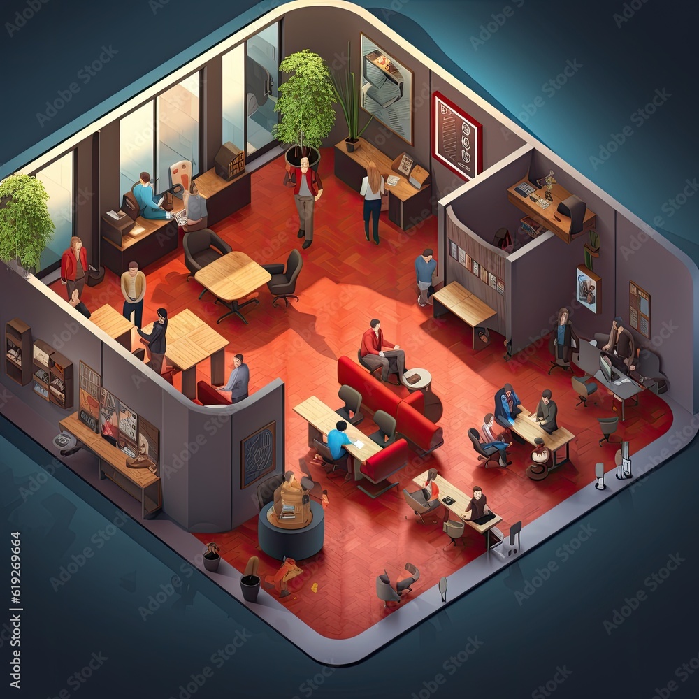 An office breakout area portrayed in an isometric illustration with ...