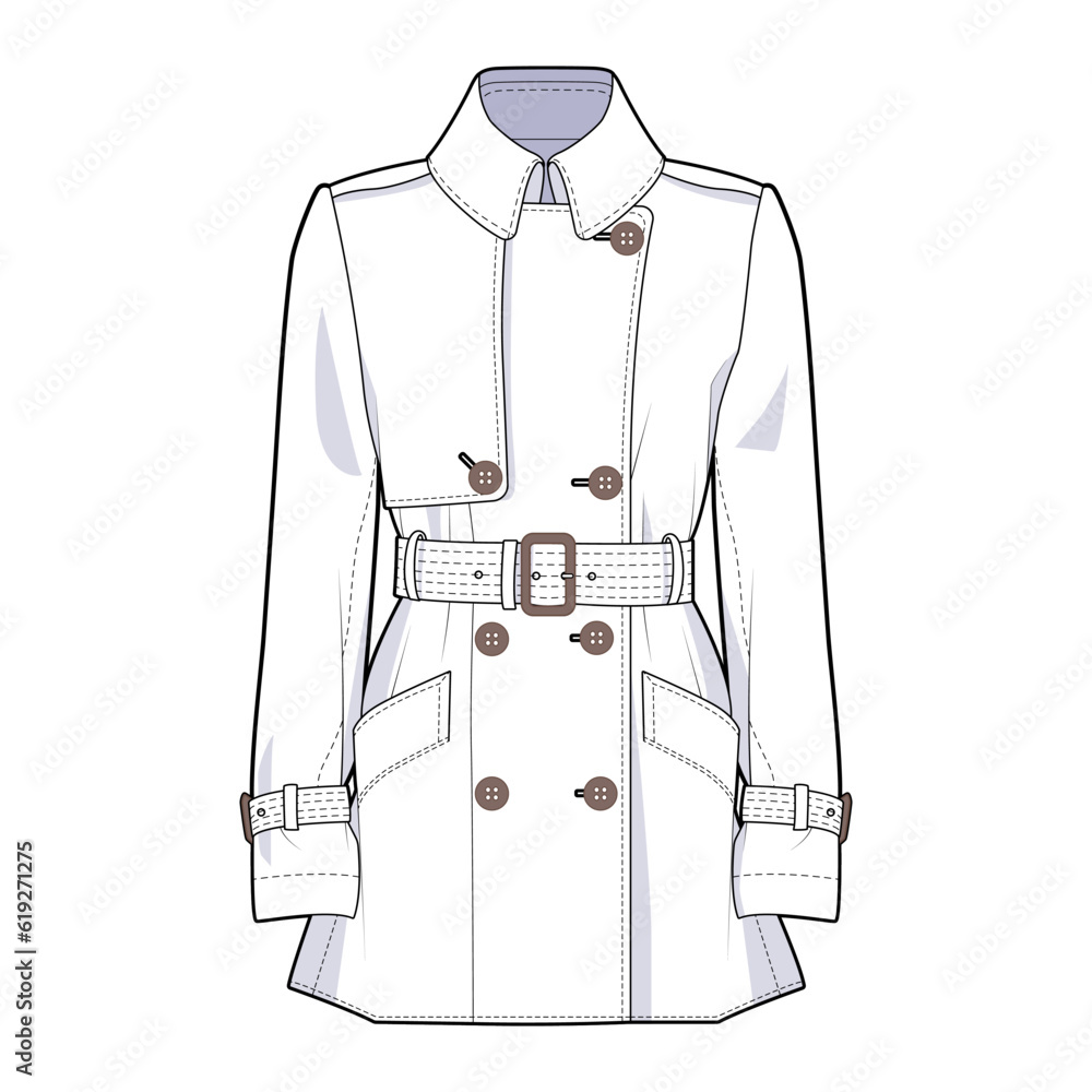 Vetor de Trench coat front view fashion flat sketch for Tech Pack. Belt ...