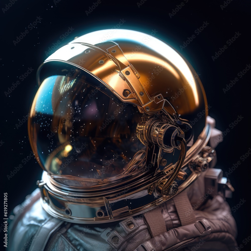 Astronauts helmet reflecting the vastness of space highlighting the ...