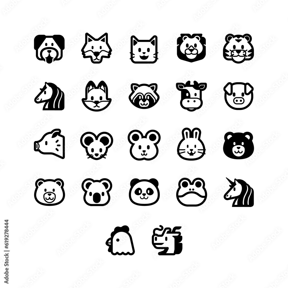 Set of animals face Icons. Simple Silhouettes style icons pack. Stock ...