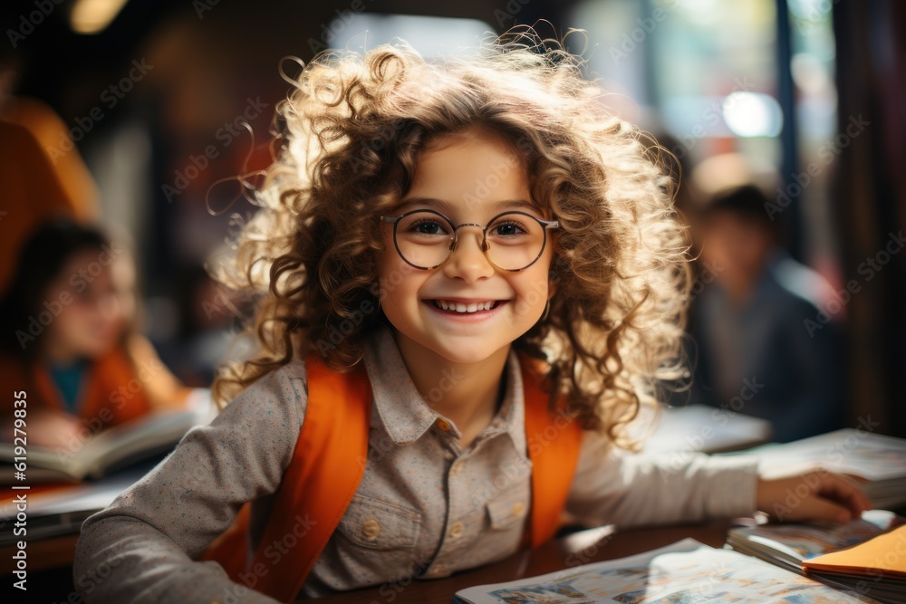 Excited little girl learning to draw with crayons in art class Stock ...