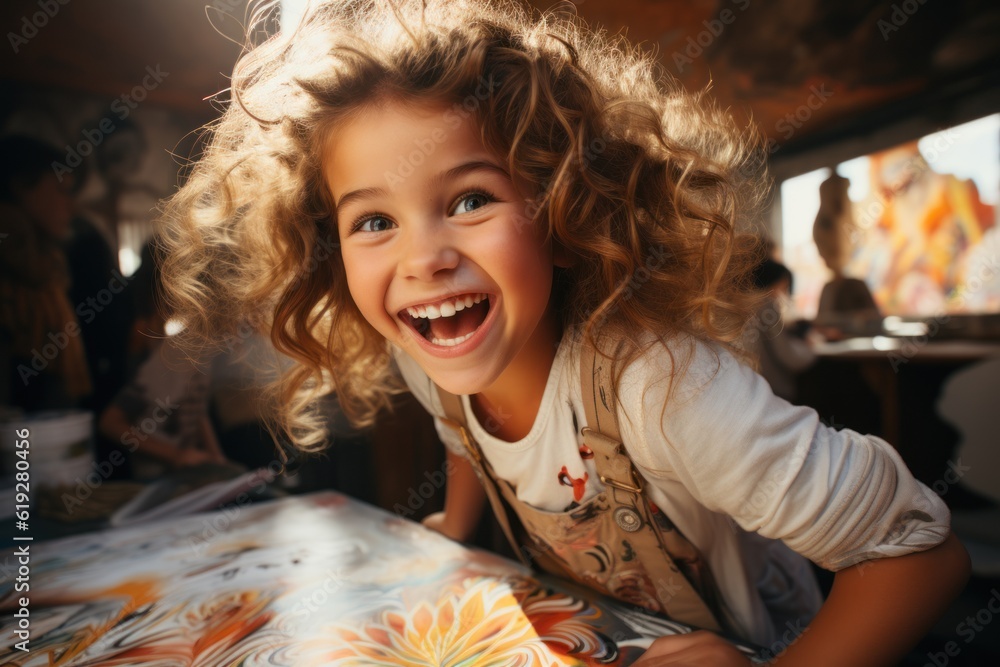 Excited little girl learning to draw with crayons in art class Stock ...