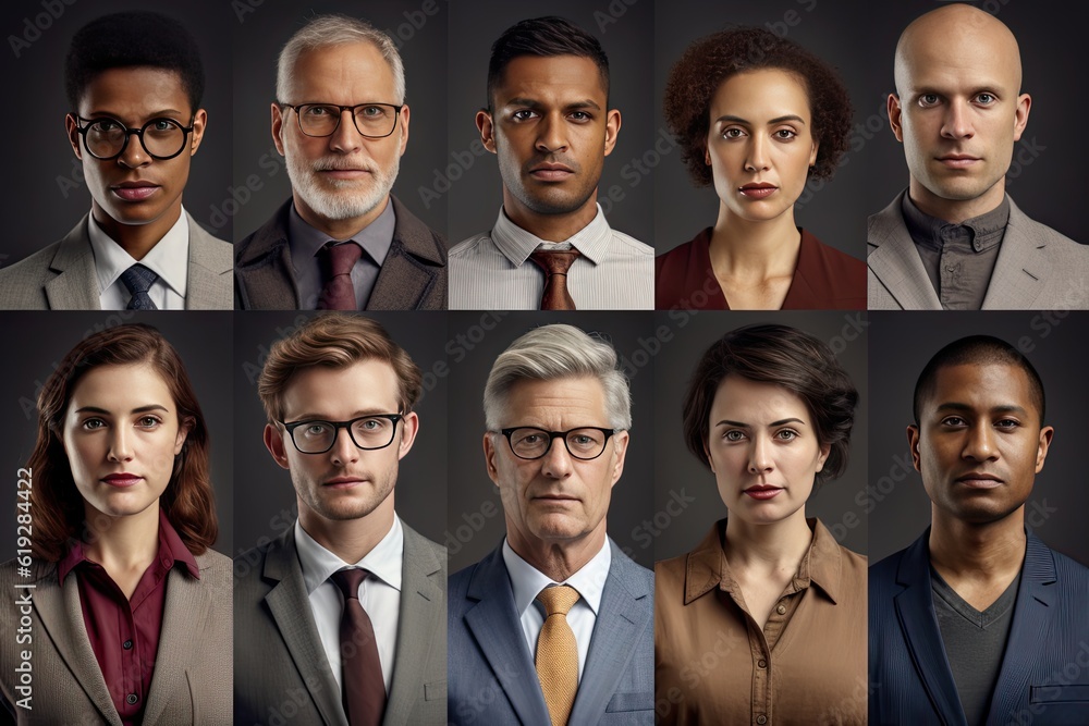 Collage of faces of 10 emotional people on multicolored backgrounds in ...