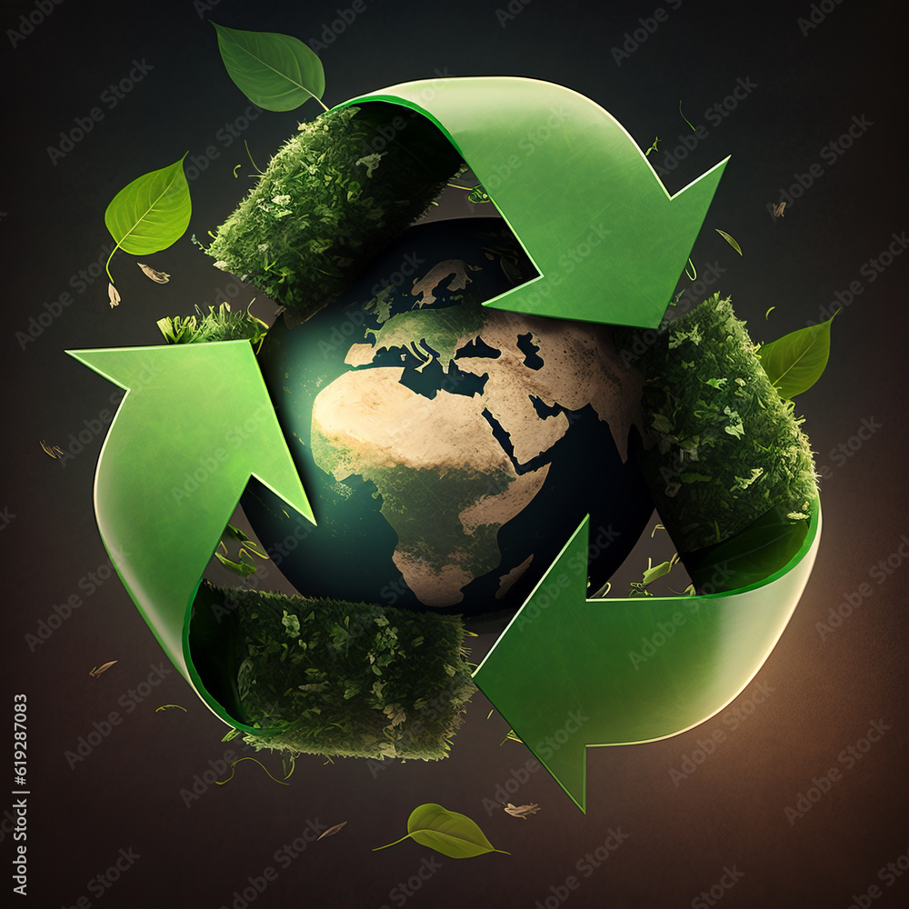 The recycling symbol with the earth in the middle, adorned with foliage ...
