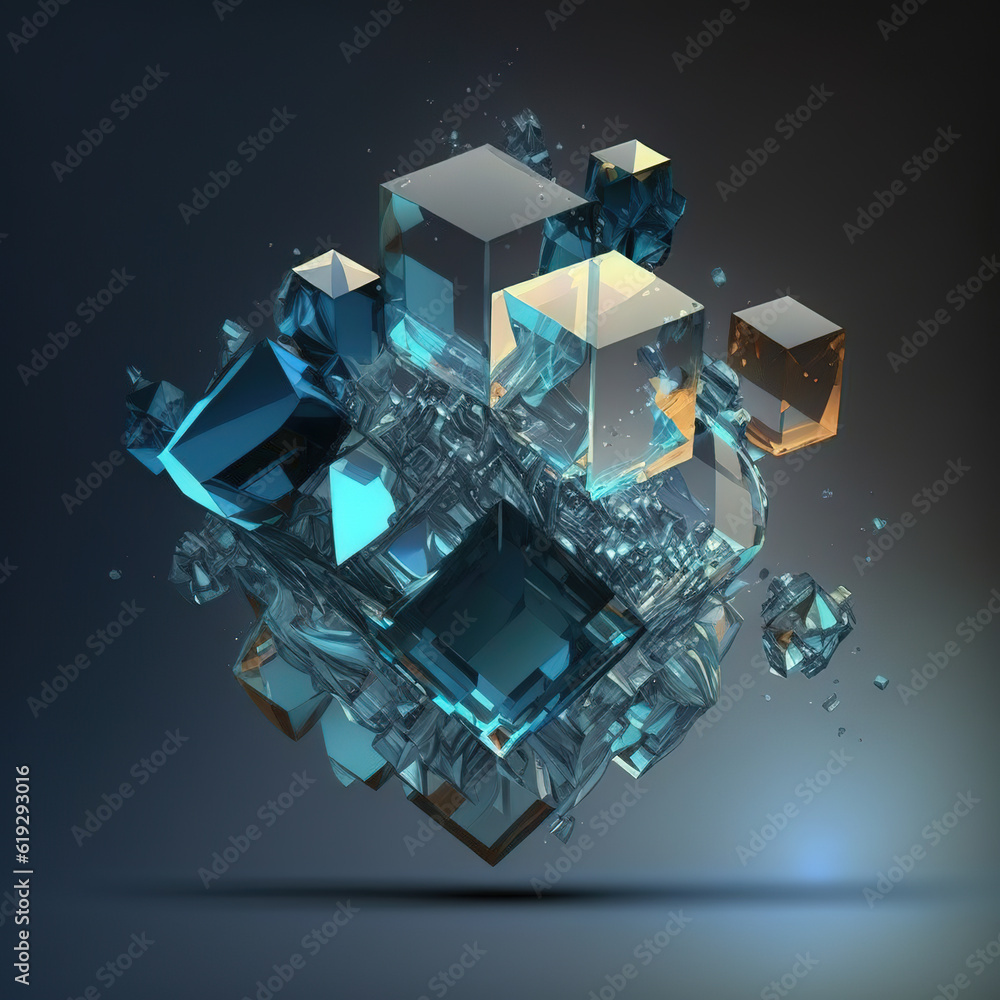 Modern digital abstract art of glassy geometric transparent cubic shape ...