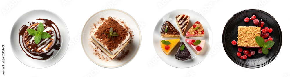 Set of top view tasty delicious desserts meal food in plate, souffle ...