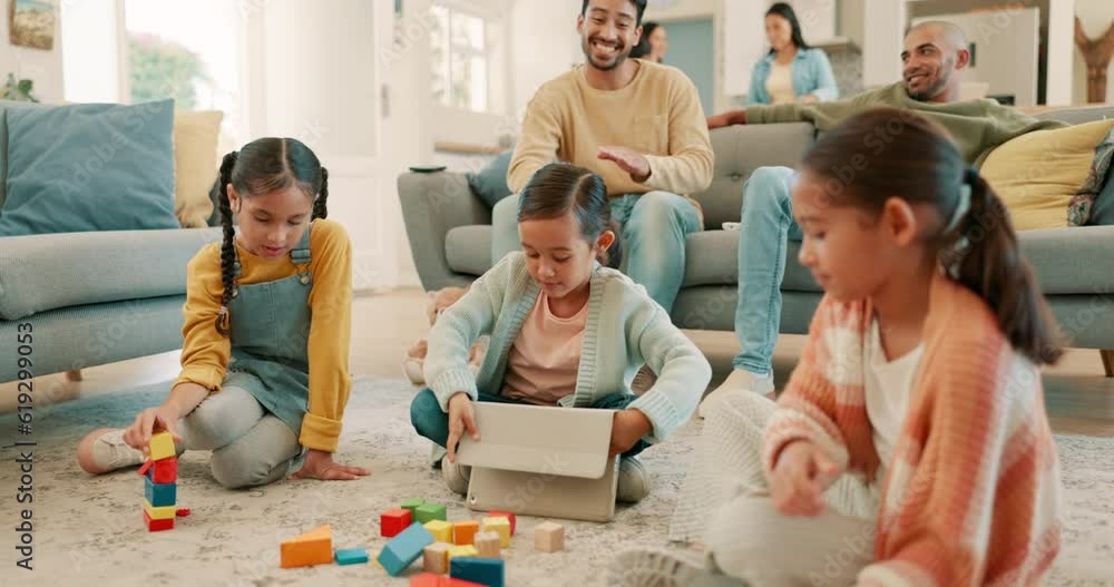 Family, home and children play with toys for bonding, quality time and ...