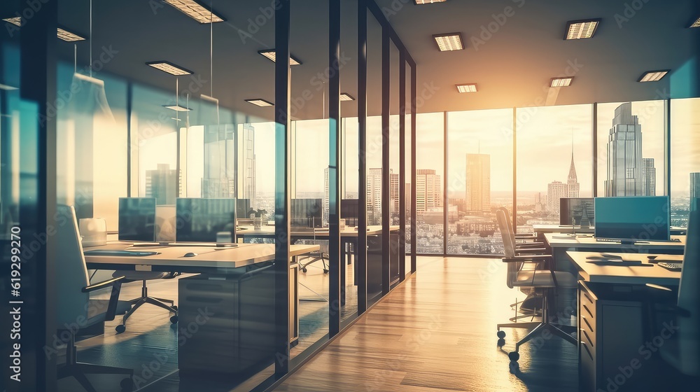 Golden moments at modern office corridor with bright white light and ...