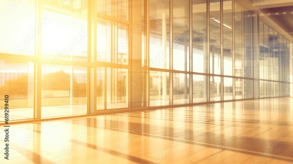 Golden hours light coming from the large office window, beautiful long ...