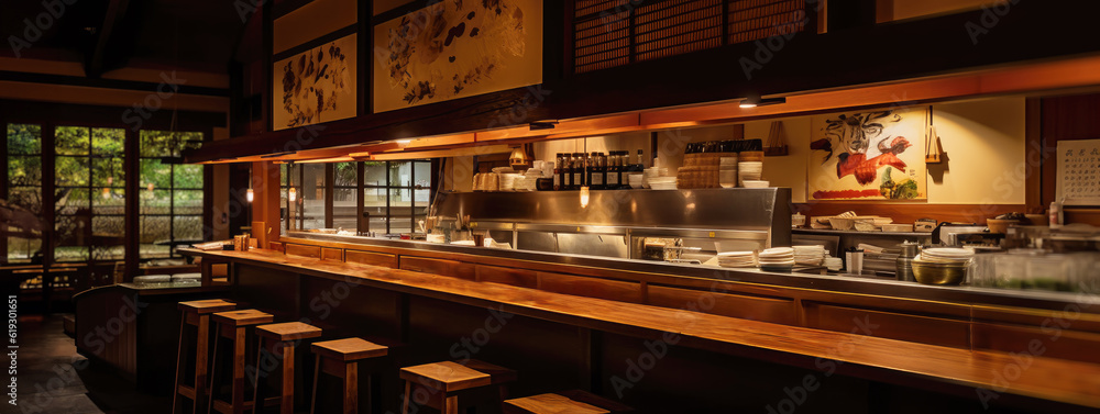 Japanese restaurant. Counter section of a typical small traditional ...